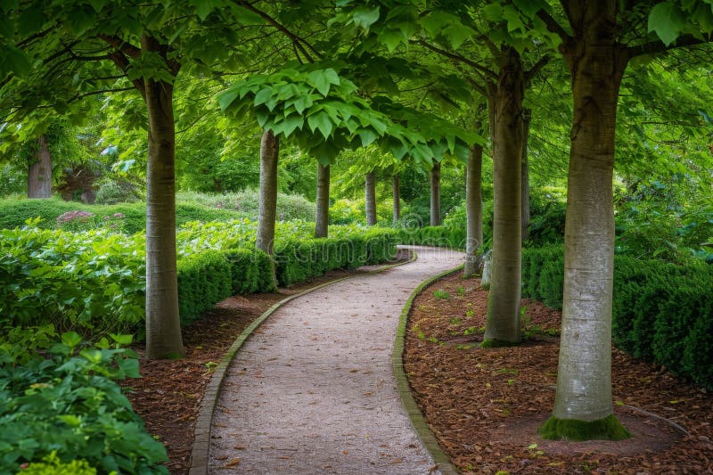 A Well-defined Path Winds through a Lush Green Forest, Enveloped by ...