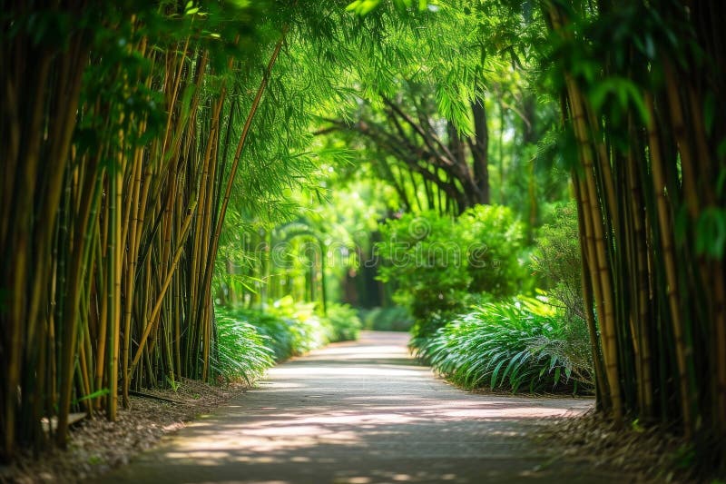 A Well-defined Pathway Bordered by Tall Bamboo Trees Intertwined with ...