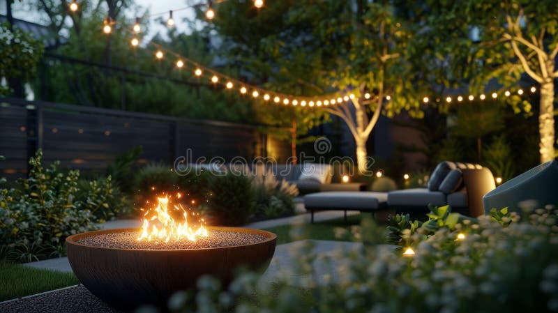 A Well-designed Backyard with Fire Pit and String Lights at Dusk Stock ...