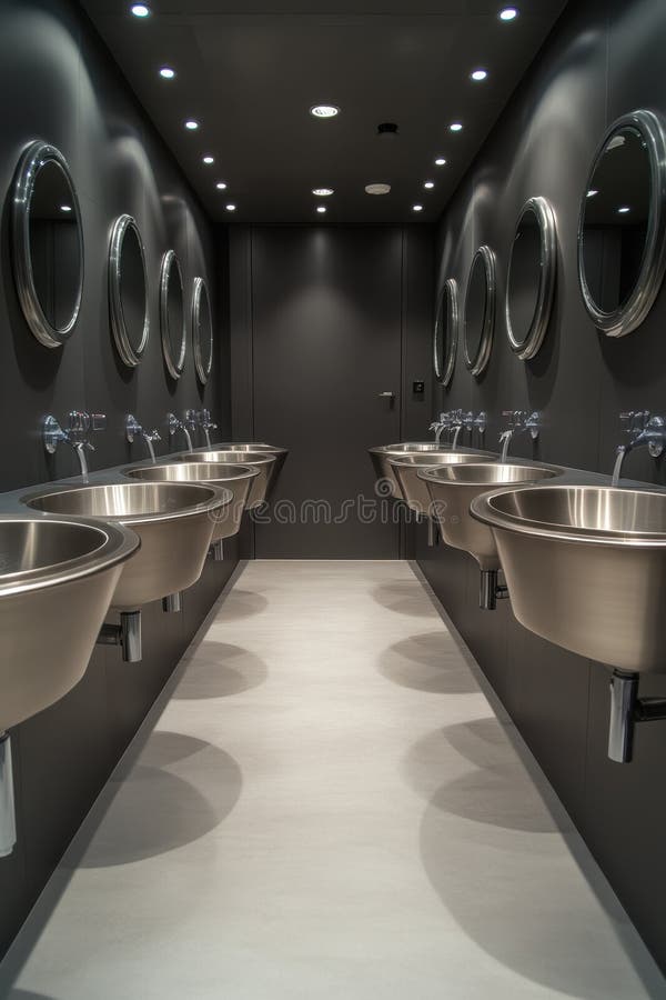 Modern Restroom Interior Featuring Sleek Metallic Sinks and Stylish ...