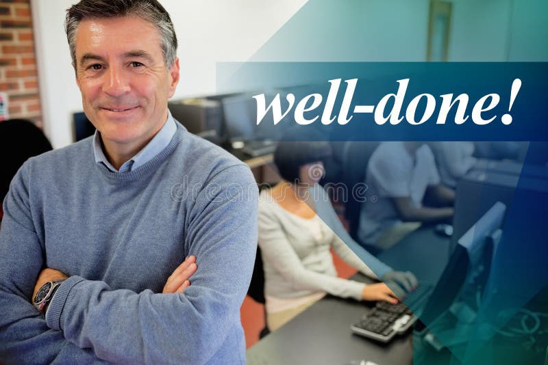 Well-done! Against Teacher Smiling at Top of Computer Class Stock Photo ...