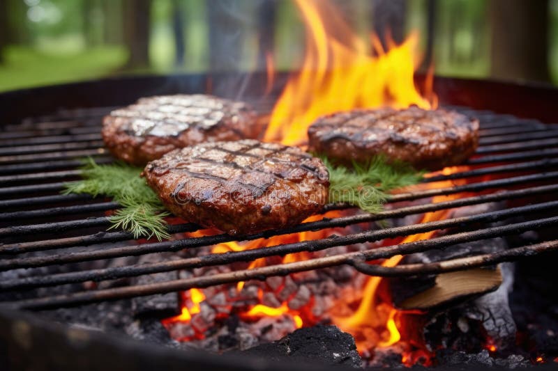 A Well-done Hamburger Patty on a Grill Over Firewood Stock Illustration ...