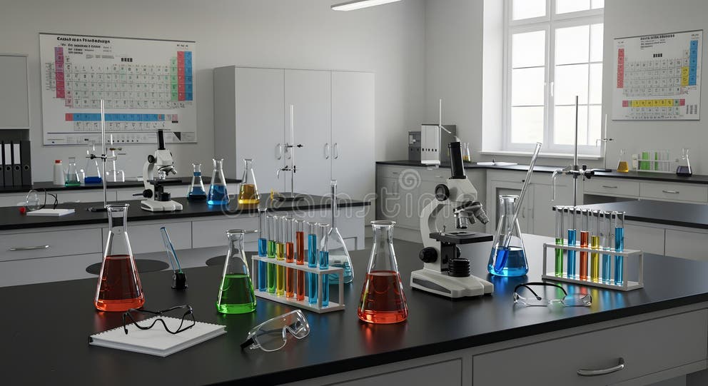 Well-Equipped Chemistry Laboratory: Microscopes, Flasks, Test Tubes ...