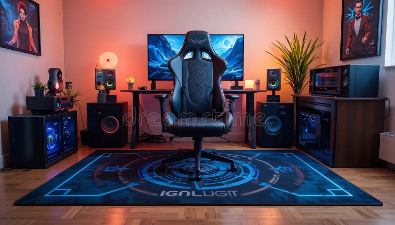 Gaming Room Setup with Chair, Computer, and Neon Accents at Home Stock ...