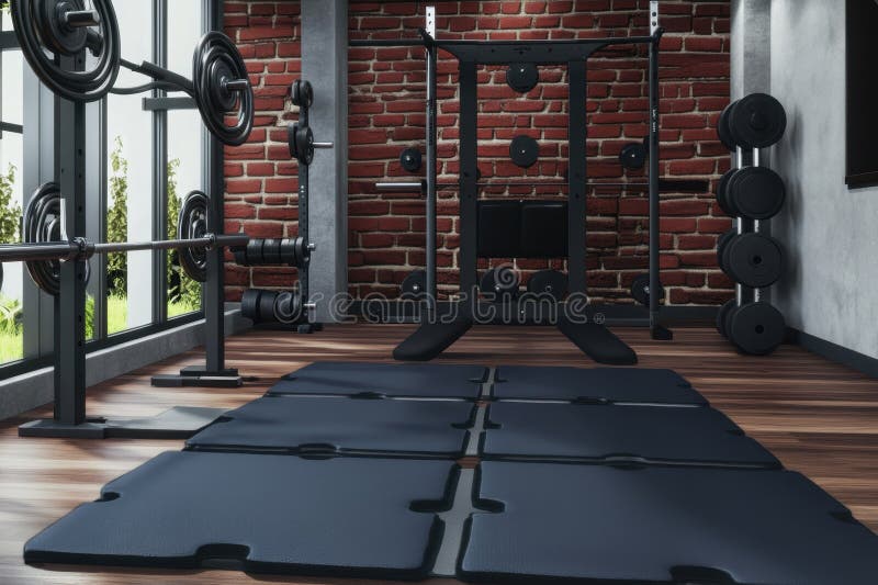 Modern Gym Interior with Weights, Equipment, and Workout Mats in a ...