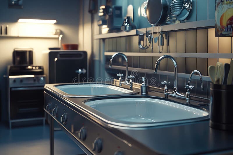 A Well-equipped Kitchen with Two Sinks and a Stove for Efficient Food ...