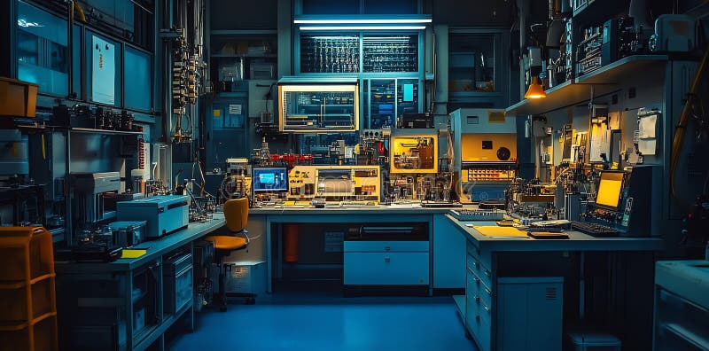 A Well-equipped Lab with a Desk and Computer in the Foreground. Blue ...