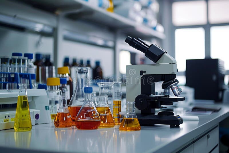 A Well-equipped Laboratory Features a Microscope beside Flasks and Test ...