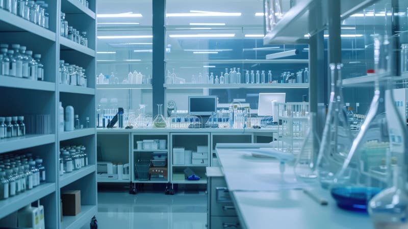 A Well-Equipped Laboratory with Glassware, Shelving, and a Computer ...