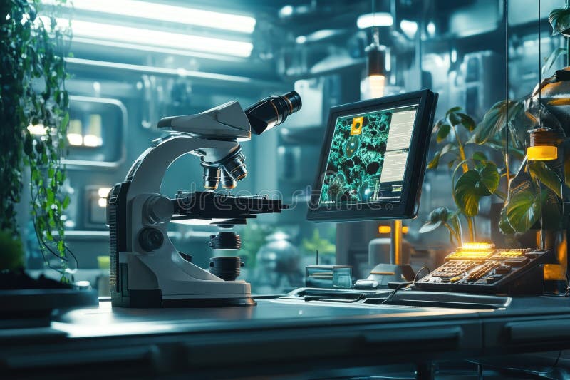 Laboratory Workspace Featuring Microscope and Computer Display in a ...