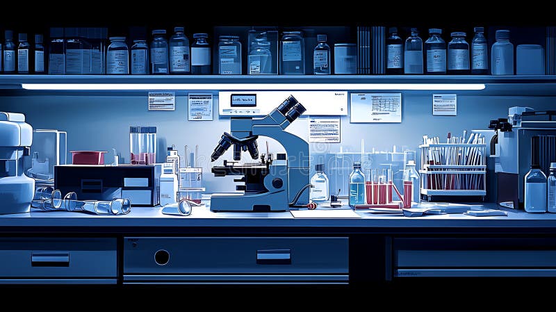 A Well-equipped Laboratory Workbench with a Microscope, Beakers, Flasks ...