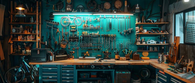 A Well-equipped Workshop with a Bright Teal Pegboard, Various Tools ...