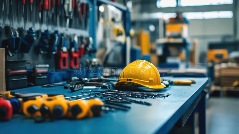 A Well-equipped Workshop Featuring Tools, a Hard Hat, and a Blue ...