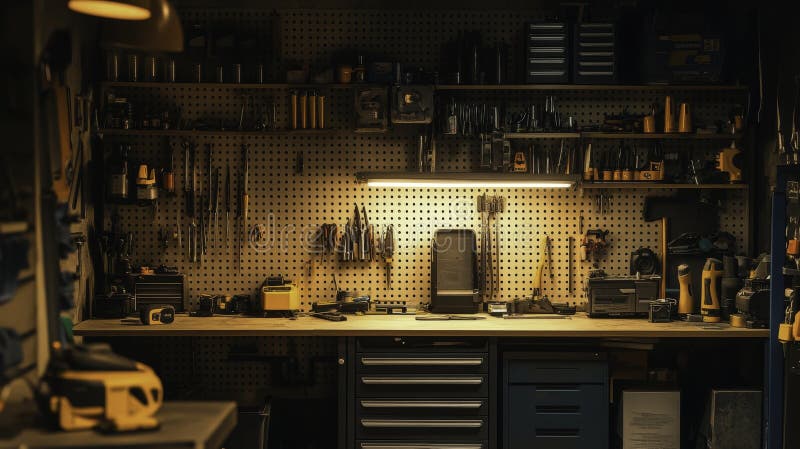 Well-equipped Workshop with Tools and a Workbench Stock Illustration ...