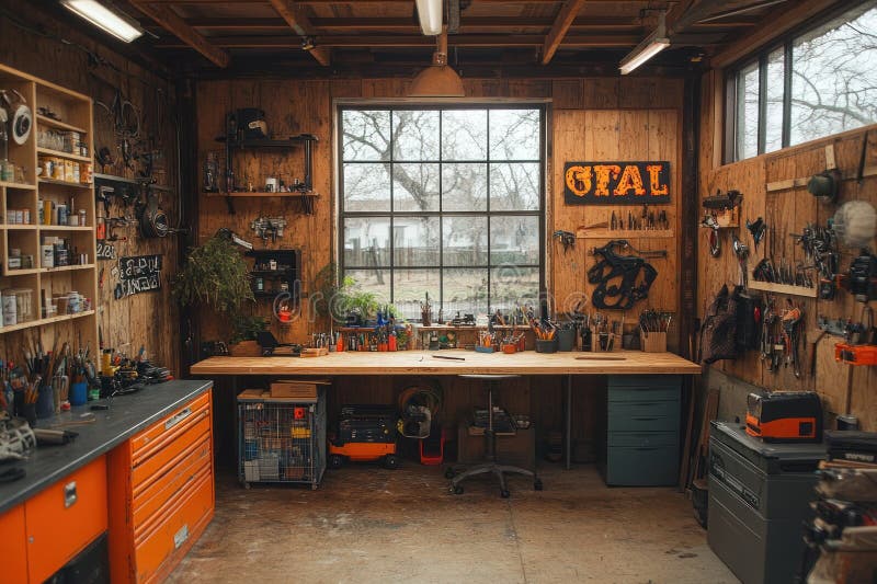 A Well-equipped Workshop with a Workbench, Shelves, and Tools Stock ...