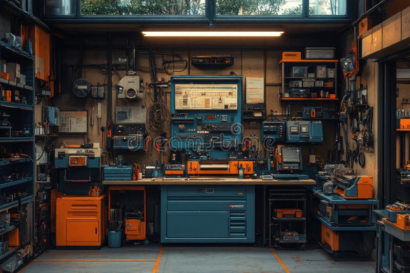 A Well-equipped Workshop with a Workbench, Shelves, and Various Tools ...