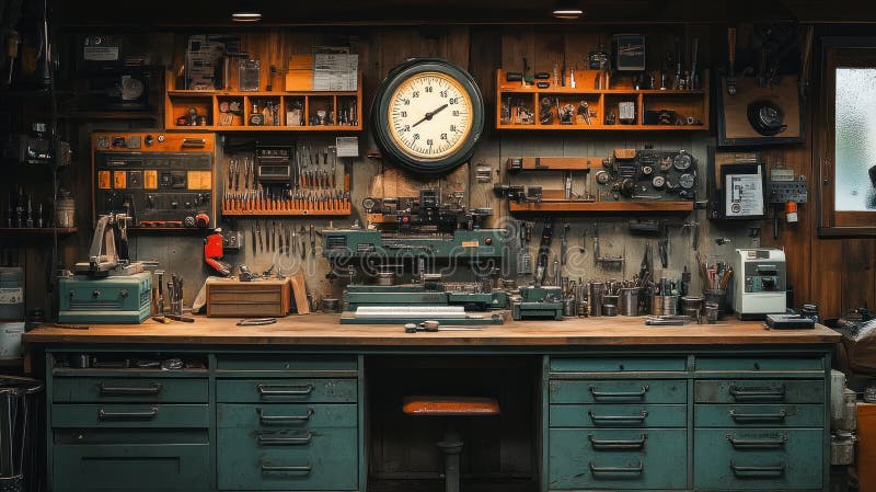 A Well-equipped Workshop with a Workbench, Tools, and a Clock on the ...