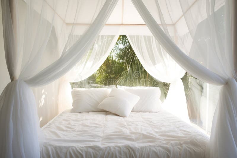 A Well-lit Canopy Bed with White Beddings Stock Photo - Image of canopy ...