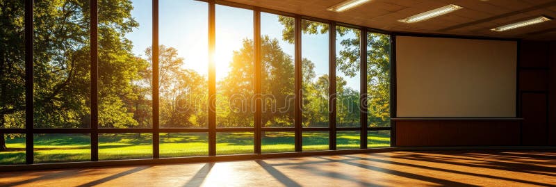 A Welllit Classroom with Expansive Windows Overlooking a Green Lawn ...