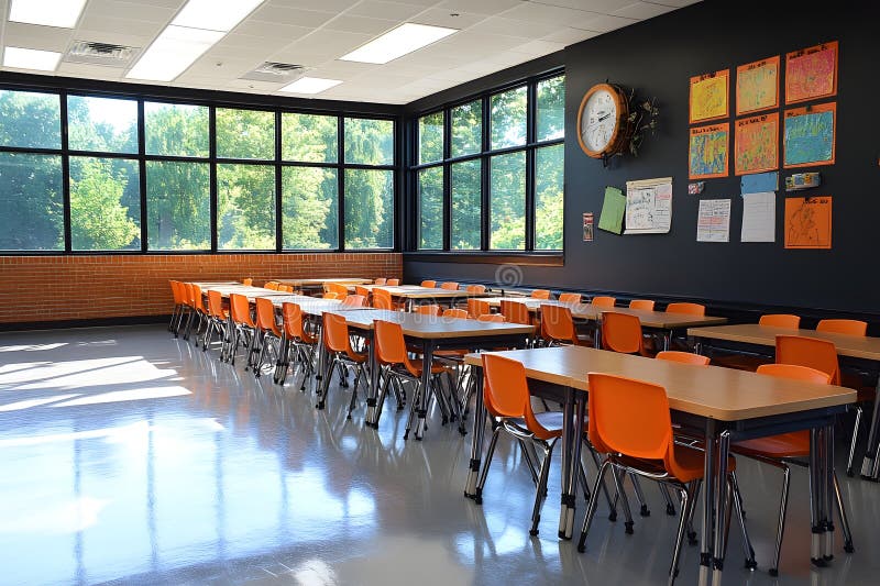 A Well-lit Classroom Features Rows of Orange Chairs and Large Windows ...