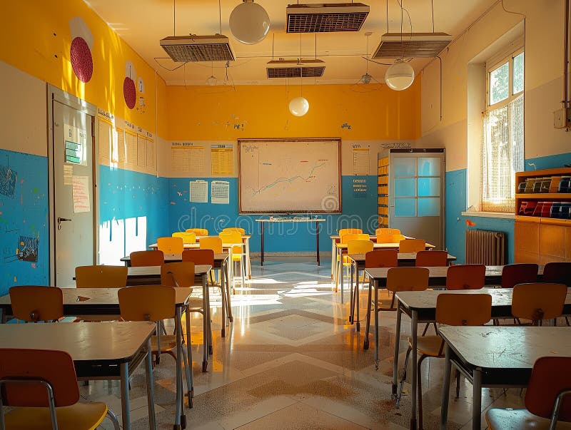 A Well-lit Classroom with Large Windows, Orange Chairs, and Green ...