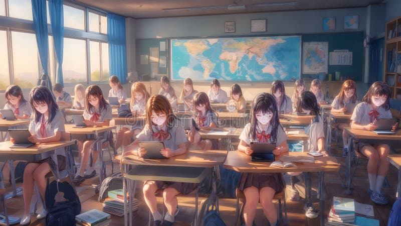 Group of Students Using Tablets in a Bright Classroom during a Learning ...