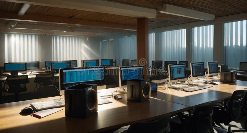 Computer Lab Classroom with Monitors and Keyboards for Education and Training Center Use Stock ...