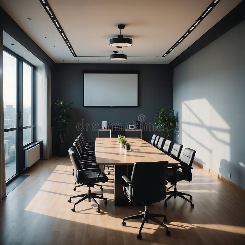 Conference Room with Projector Screen and Large Windows. AI Generated ...