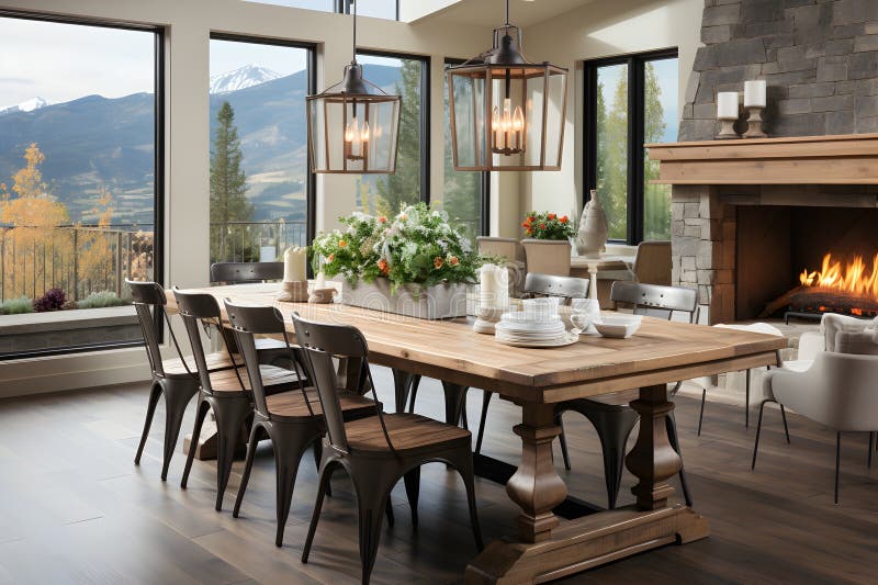 Well-lit Dining Room with Fireplace and Big Window Stock Illustration ...