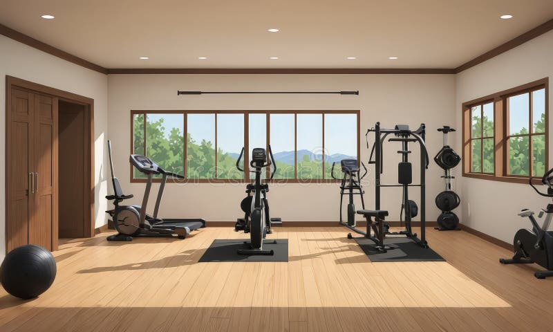 Well-lit Gym with Large Window, Wooden Floor, and Various Exercise ... Well-lit Gym with Large Window, Wooden Floor, and Various Exercise ...