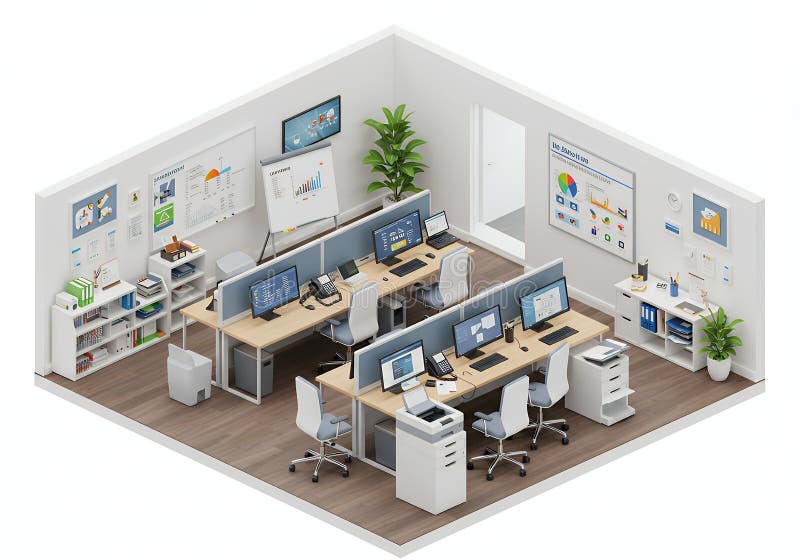 Well Lit Isometric Business Center with Four Computer Workstations ...