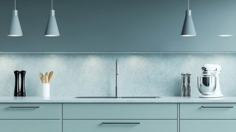 A Well-lit Kitchen Features Three Overhead Lights Illuminating a Modern ...