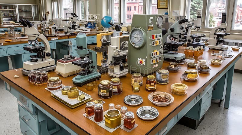 Well Lit Laboratory Table with Vintage Microscopes and Honey Samples ...