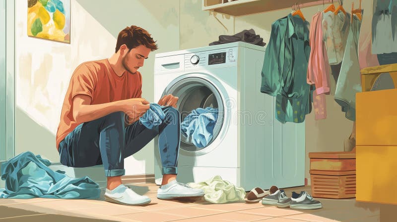A Young Man Does Laundry in a Bright, Organized Laundry Room at Home ...