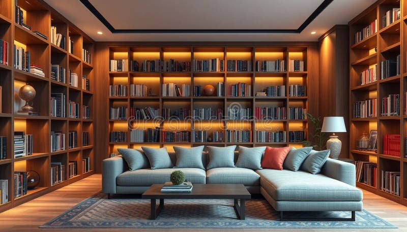 Cozy Library Room with Warm Lighting and Comfortable Sectional Sofa ...