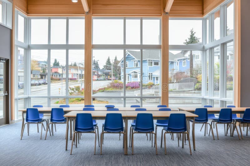 A Well-lit Library Featuring Expansive Windows, Bookshelves, and ...