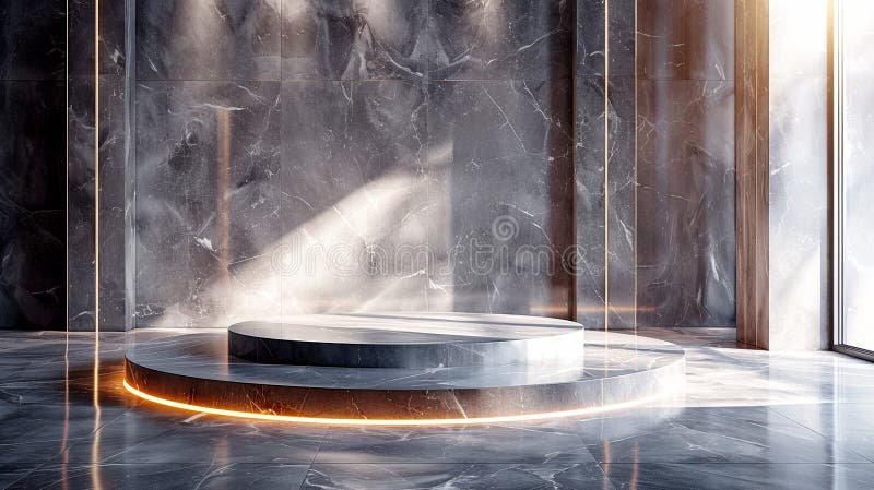Modern Marble Exhibition Space Featuring Illuminated Platform in Bright ...