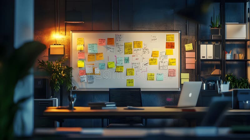Well Lit Modern Office Interior with Whiteboard Covered in Sticky Notes ...