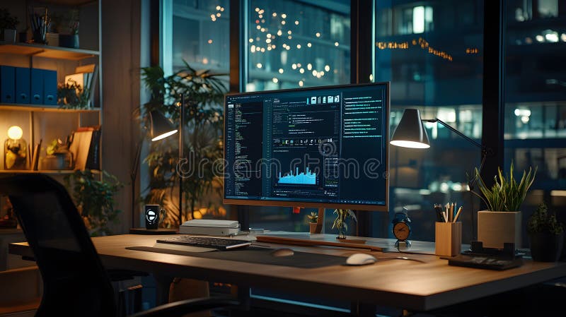 Modern Programmer S Night Workspace Computer Desk Setup Coding Data Analysis Ai Generated Stock