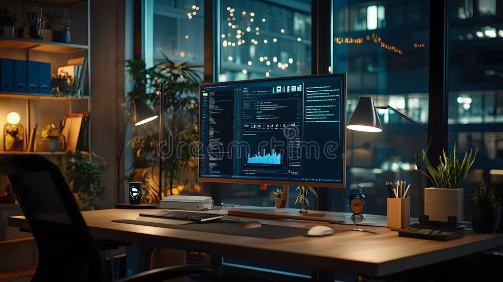 Modern Programmer S Night Workspace Computer Desk Setup Coding Data Analysis AI Generated. Stock ...