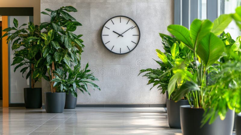 In a Well-lit Office Corridor, a Modern Wall Clock is Visible, Showing ...