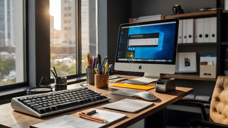 Well-Lit Office with Standing Desk, Ergonomic Keyboard, and Neatly ...