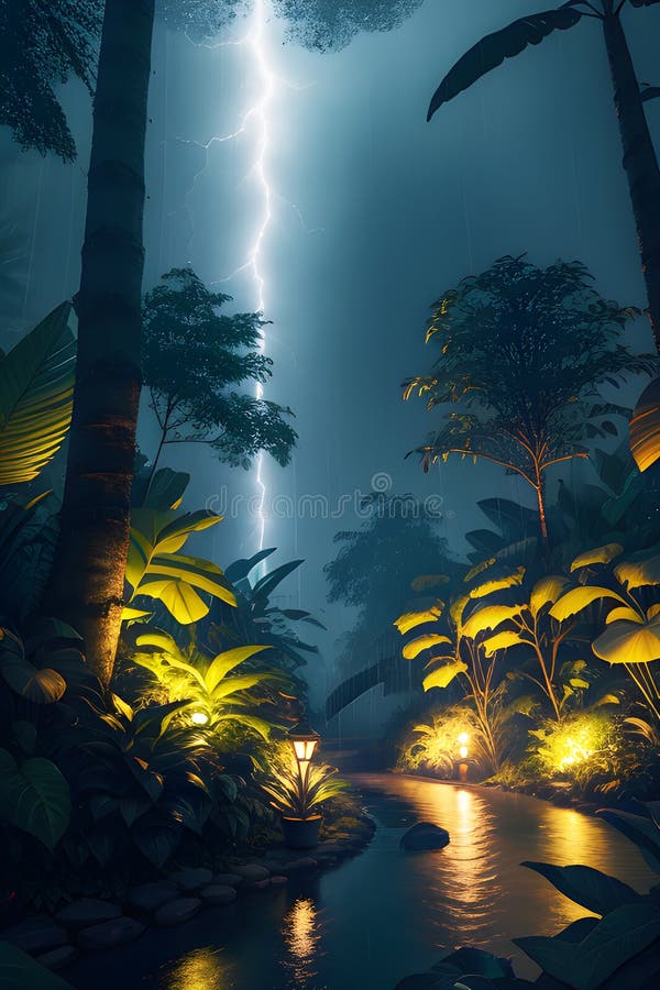 A Well-lit Path through the Forest with a Calm Flowing Stream of Water ...