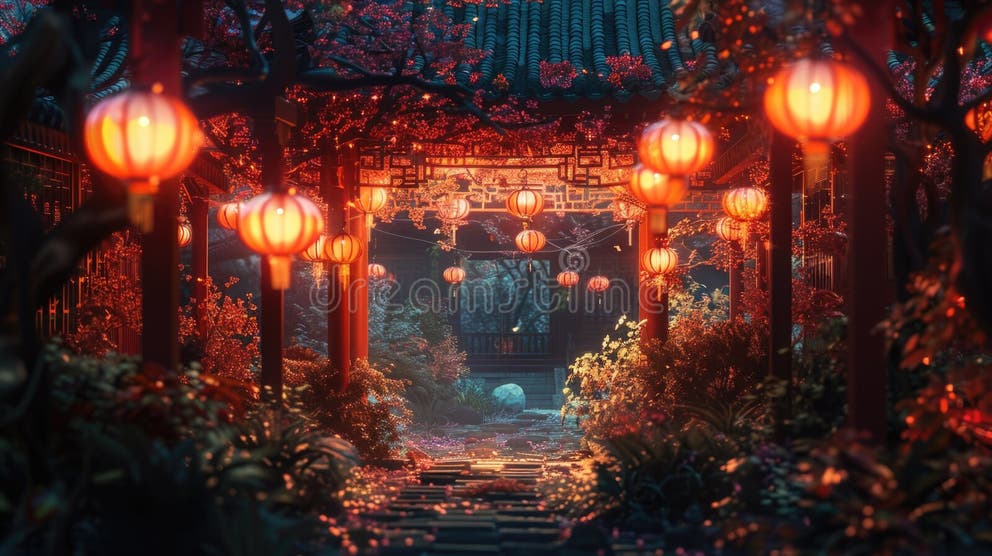 A Well-lit Pathway with Lanterns on Both Sides, Suitable for Use in ...