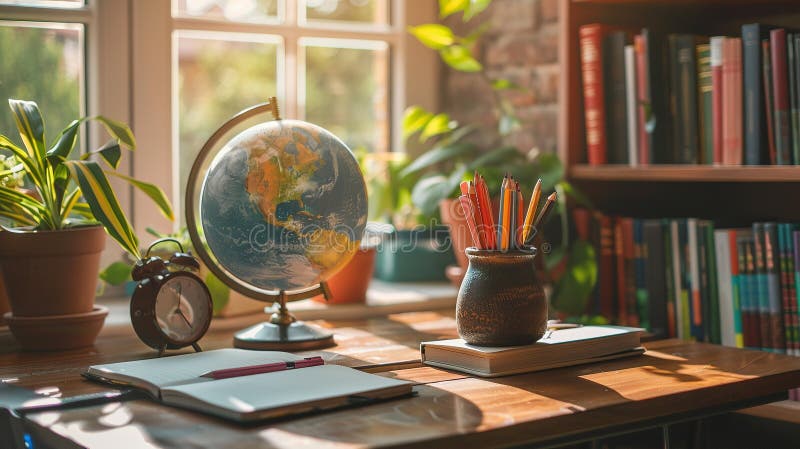 Sunny Study Desk with Globe and Books Stock Photo - Image of organized ...