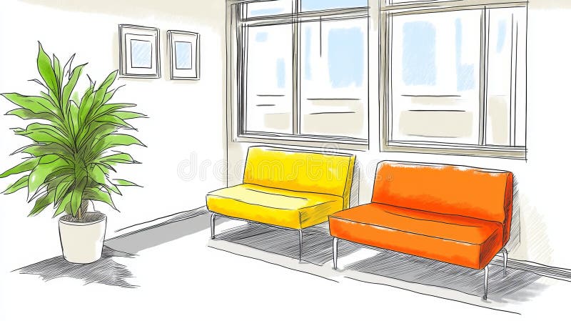 A Well-lit Waiting Room Featuring Two Sofas and a Big Window Stock ...