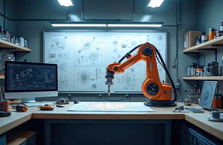 Well-lit Workshop with Robotic Arm, Tools, Schematics. Robotics ...