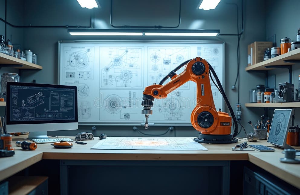 Well-lit Workshop with Robotic Arm, Tools, Schematics. Robotics ...