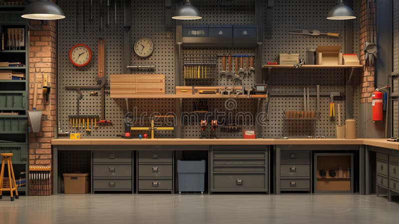 A Well-lit Workshop with a Workbench and Shelves Full of Tools and ...