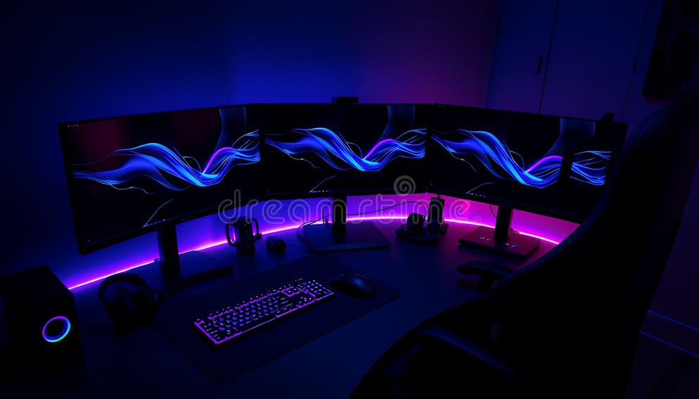 Gaming Workstation with Multi-Monitor Setup in a Dark Room with Blue ...